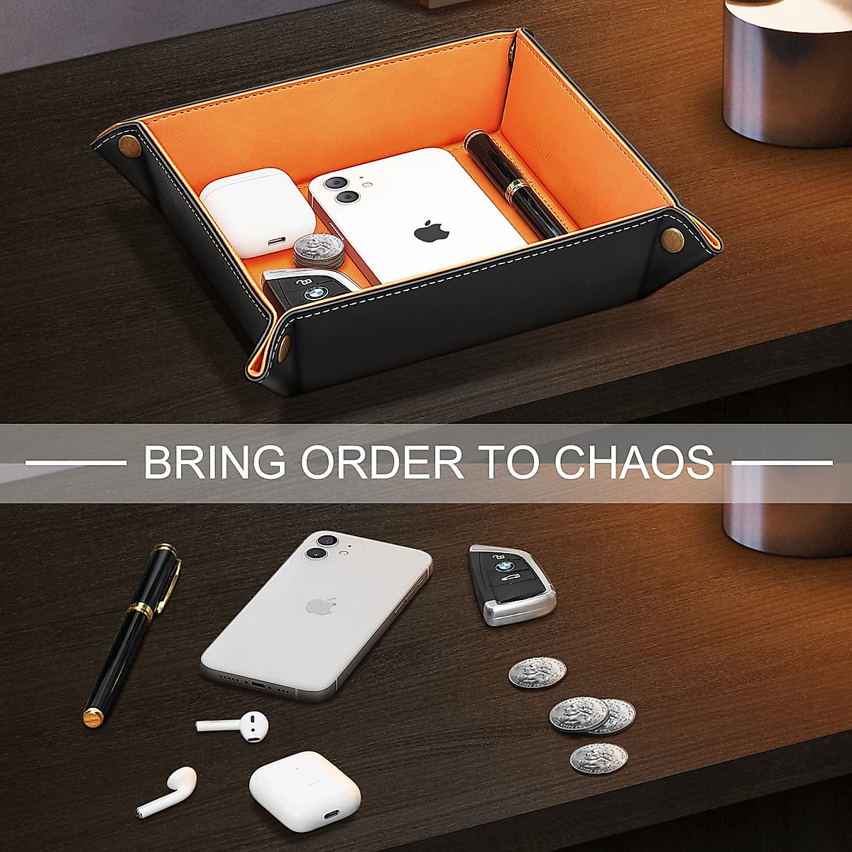 SITHON Valet Tray Desktop Storage Organizer – Premium PU Leather Catchall Bedside Vanity Tray Nightstand Caddy Holder for Remote Controller, Keys, Phone, Wallet, Coin, Jewelry (Orange)