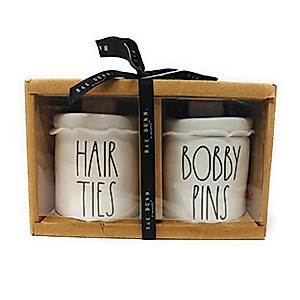Rae Dunn by Magenta LL HAIR TIES and BOBBY PINS Jar Set with Rainbow Handles, 4" tall x 2.75" wide each, Ceramic Jars, Bathroom, Bedroom, Make Up, Holder, Storage, Canister, Organizer