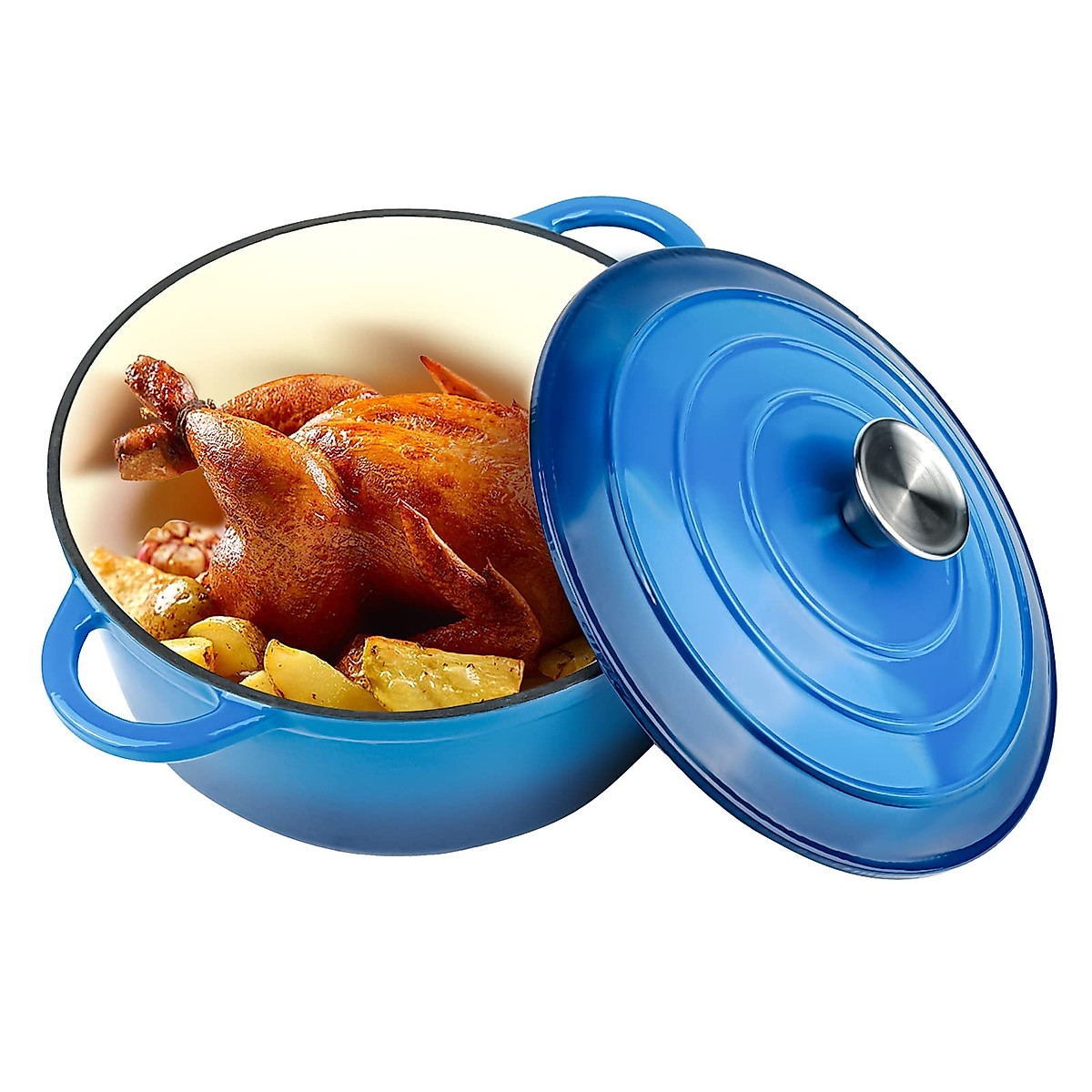 Miereirl 4.5 QT Enameled Dutch Oven Pot with Lid, Cast Iron Dutch Oven with Dual Handles for Bread Baking, Cooking, Non-stick Enamel Coated Cookware (Dark Blue)