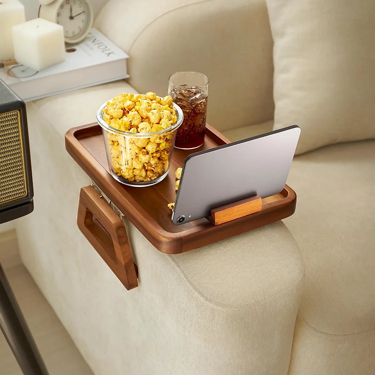 Tinamo Acacia Couch Arm Table with Phone Holder - Wooden Sofa Armrest Tray - Clip-on Tray for Wide Couch - Side Table for Eating & Drink (Acacia)