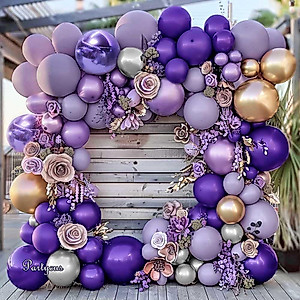 Purple Gold Balloon Arch Kit Double Stuffed Dark Purple Dusty Light Lavender Silver Balloon Garland with 18inch Foil Lilac Balloons for Birthday Baby Shower Bridal Wedding Party Decoration