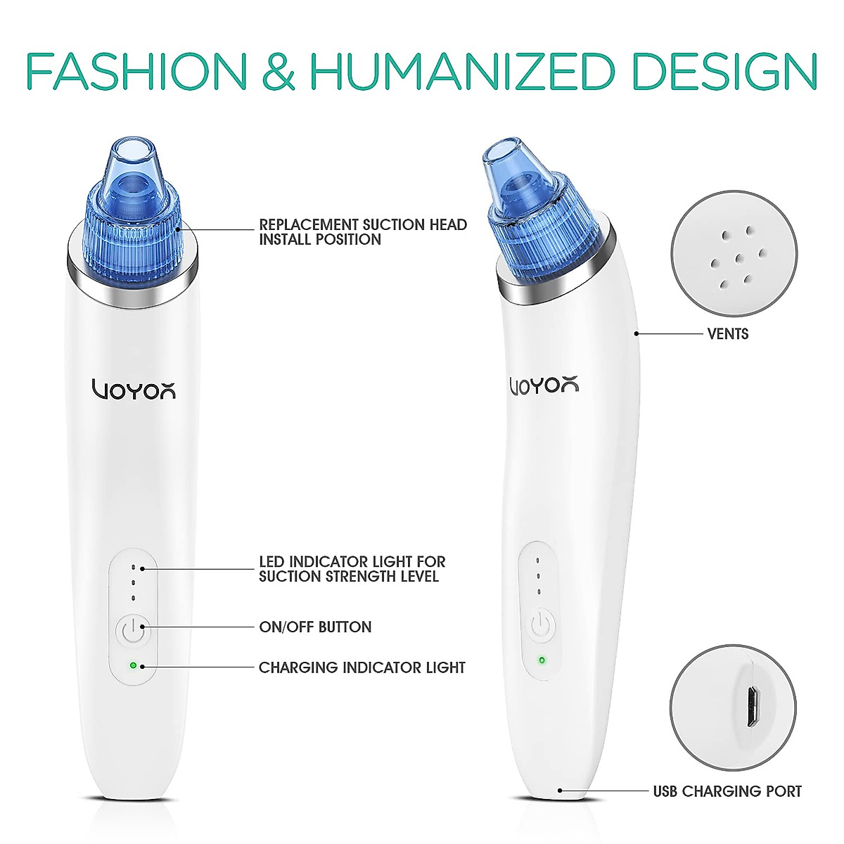 VOYOR Blackhead Remover Pore Vacuum - Electric Face Vacuum Pore Cleaner Acne White Heads Removal with 6 Suction Heads (BR410)