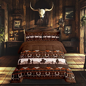 Castle Fairy Western Cowboy Horseshoe Comforter Set,Vintage Farmhouse Wooden Bedding Set Kids Teens Modern Decor,Brown Bohemian Exotic Comforter with 1 Pillowcase for All Seasons,Twin