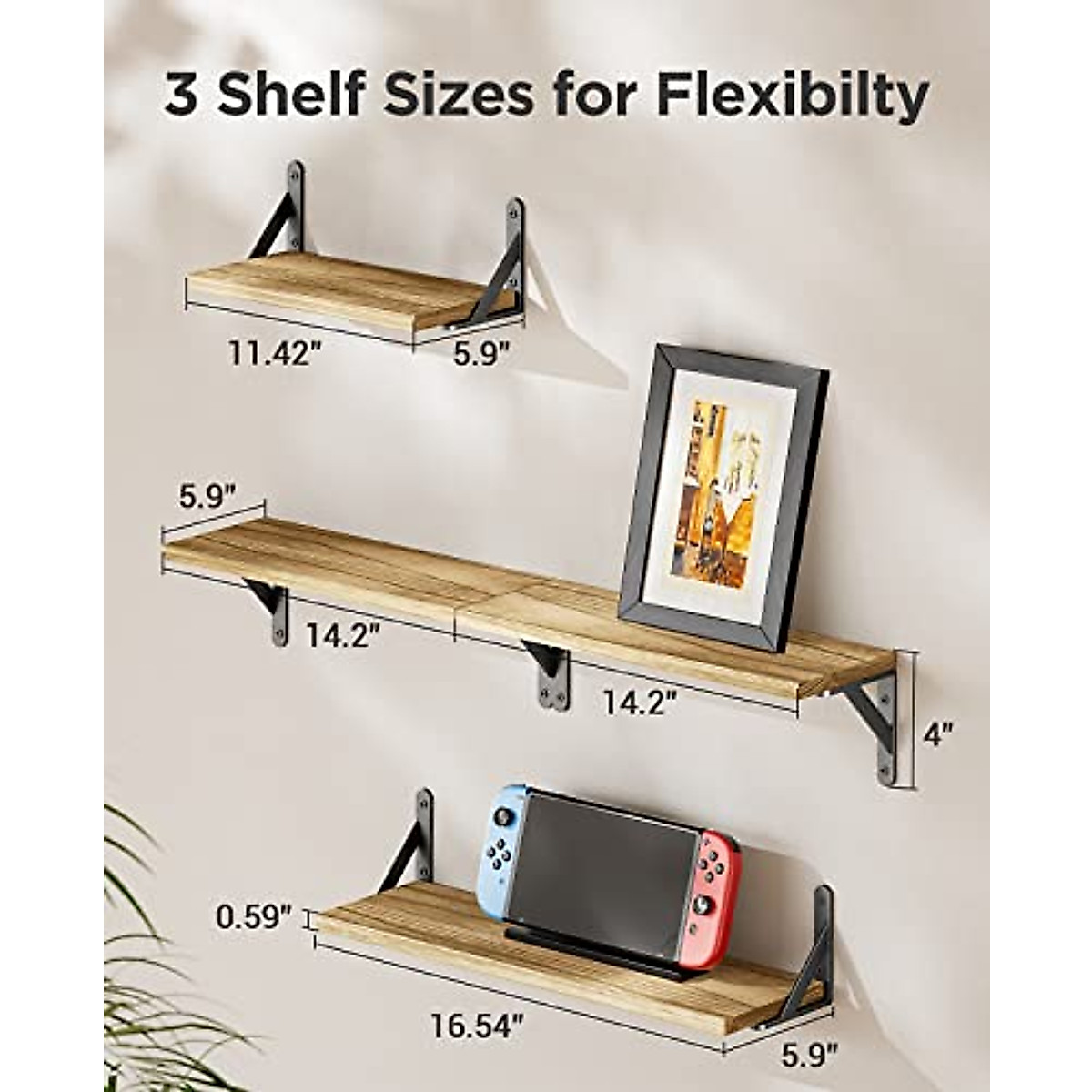 AMADA HOMEFURNISHING Floating Shelves Wall Mounted Set of 4, Wood Shelves for Wall Décor, Rustic Storage Shelf, Wall Shelves for Bedroom, Bathroom, Living Room, Kitchen, Office, Set of 4, AMFS26