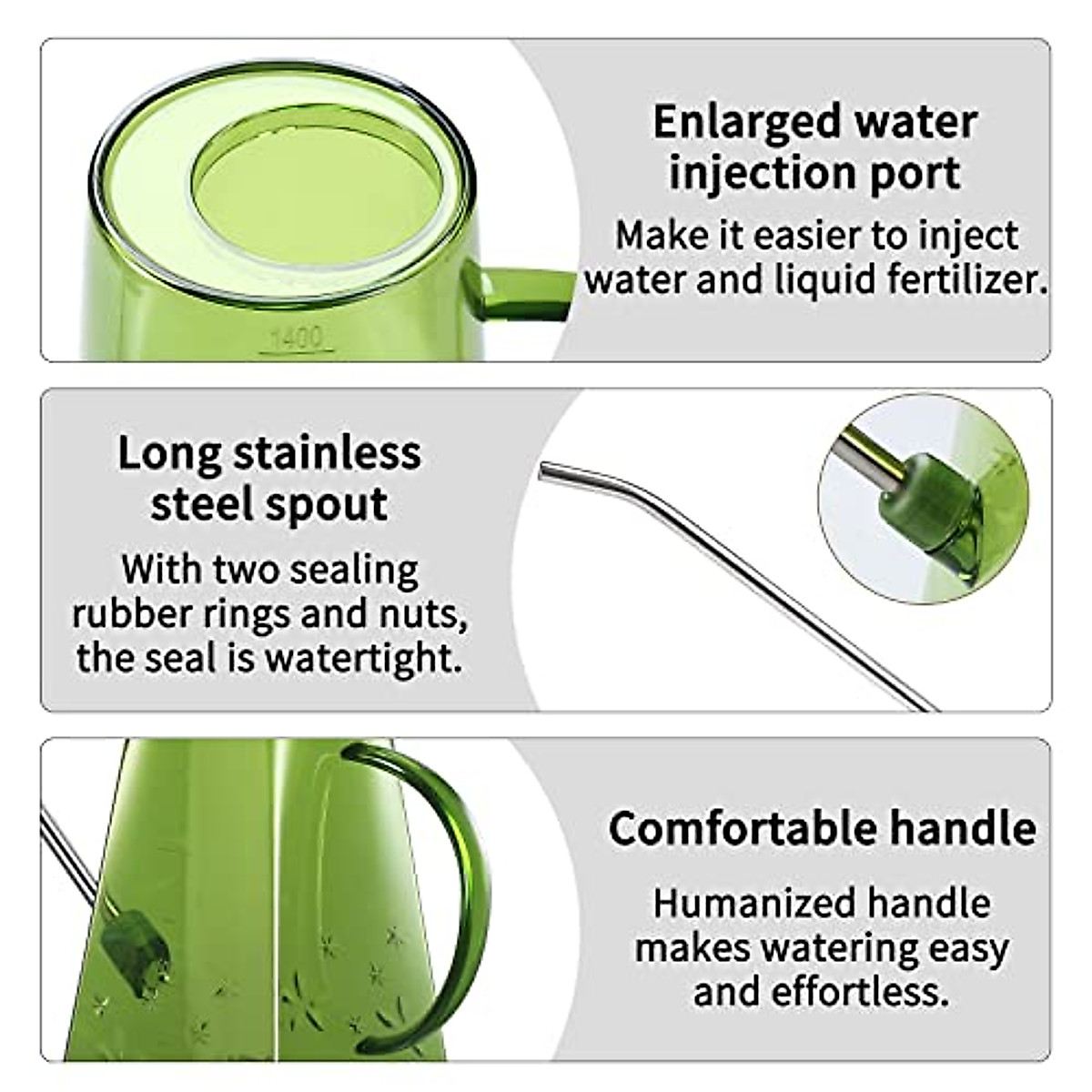 Watering Can, Goowin Watering Can Indoor Plants, Long Spout 47 oz Small Watering Can for Indoor with Bonus 16 oz Spray Bottle & 8.5 oz Squeeze Bottle, Green