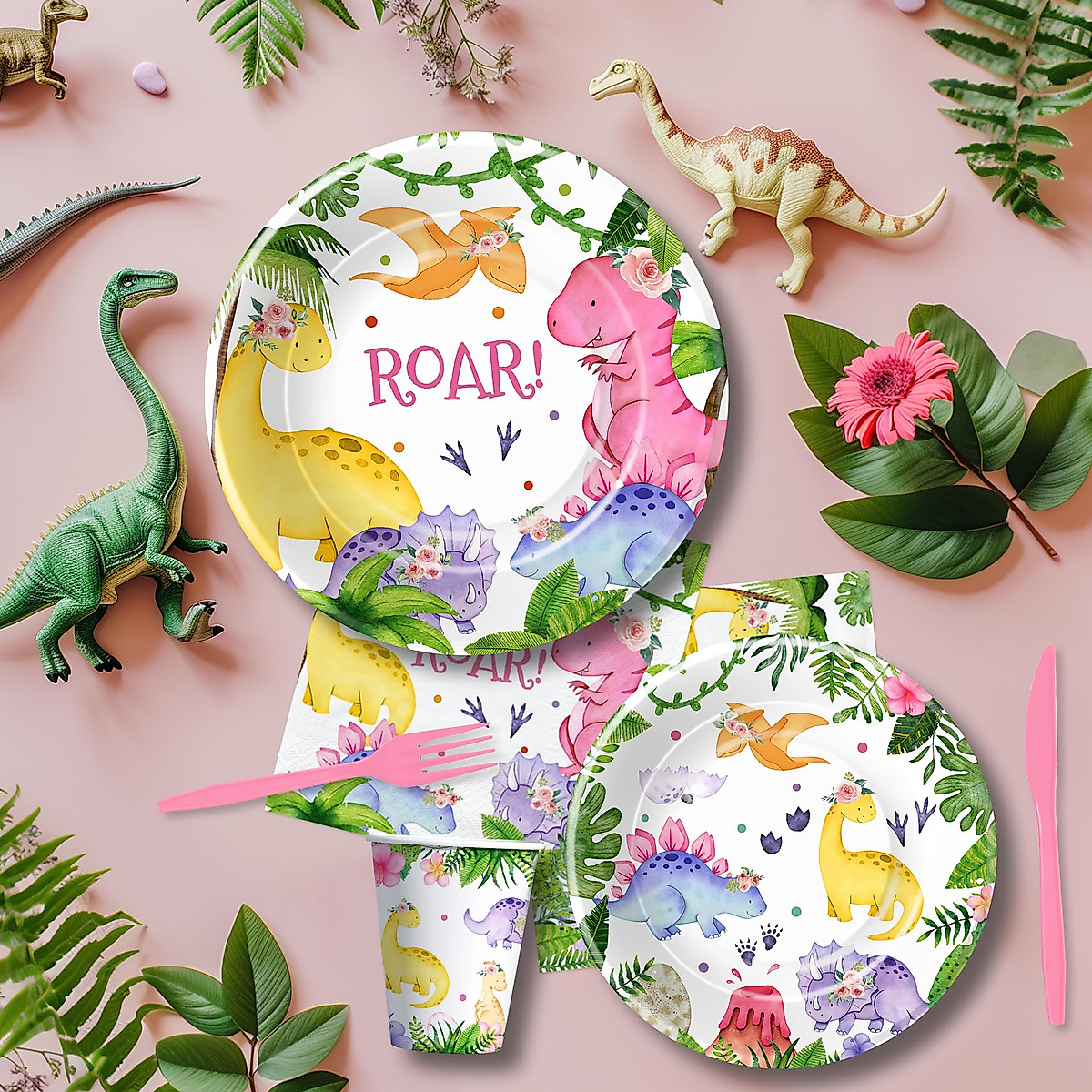 Srua Don Dinosaur Birthday Party Supplies Girl - Dinosaur Party Decorations Tableware, Paper Plate, Cup, Napkins, Tablecloth, Cutlery, Banner, Pink Dinosaur Birthday Baby Shower Decorations | Serve 24