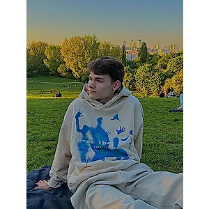Aelfric Eden Mens Vintage Bone Printed Hoodie Sweatshirt Casual Oversized Long Sleeve Streetwear Hiphop Hooded Pullover