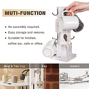 bluegift Coffee Mug Holder Tree, Rustic Solid Wood Mug Tree Stand with 8 Hooks, Farmhouse Coffee Cup Holder for Counter, Mug Hanger for Kitchen Organizer, Farmhouse White