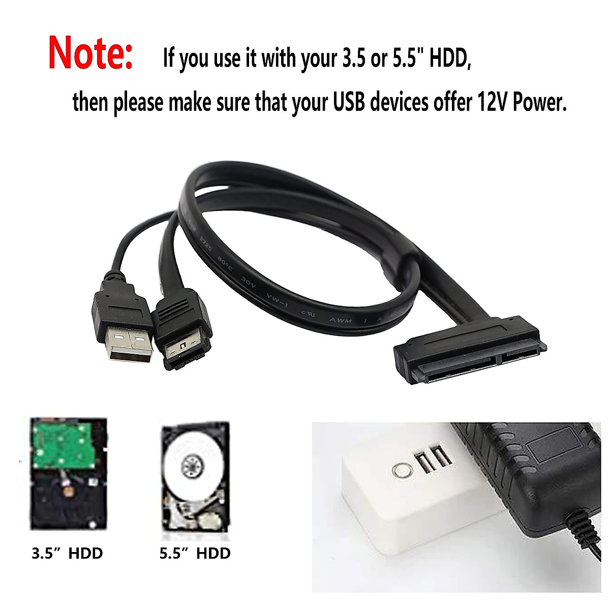 SinLoon 2.5'' Hard Disk Drive SATA 22Pin to eSATA Data USB Powered Cable Adapter for Optimized for SSD, Support UASP SATA IIIEC-SSHD(Black)