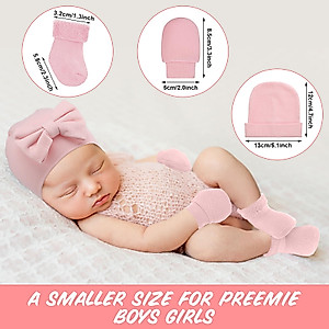 Toulite 4 Pack Preemie Hats and Socks Set Cotton Warm Bow Knot Preemie Caps,Mittens and No Scratch Preemie Warm Socks (Pink,white,purple,gray)
