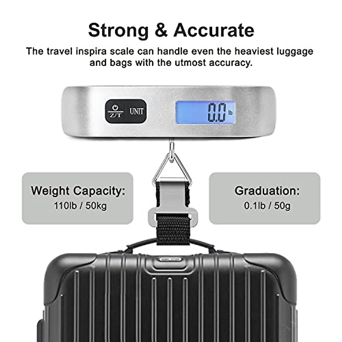 travel inspira Luggage Scale, Portable Digital Hanging Baggage Scale for Travel, Suitcase Weight Scale with Rubber Paint, 110 Pounds, Battery Included - Silver