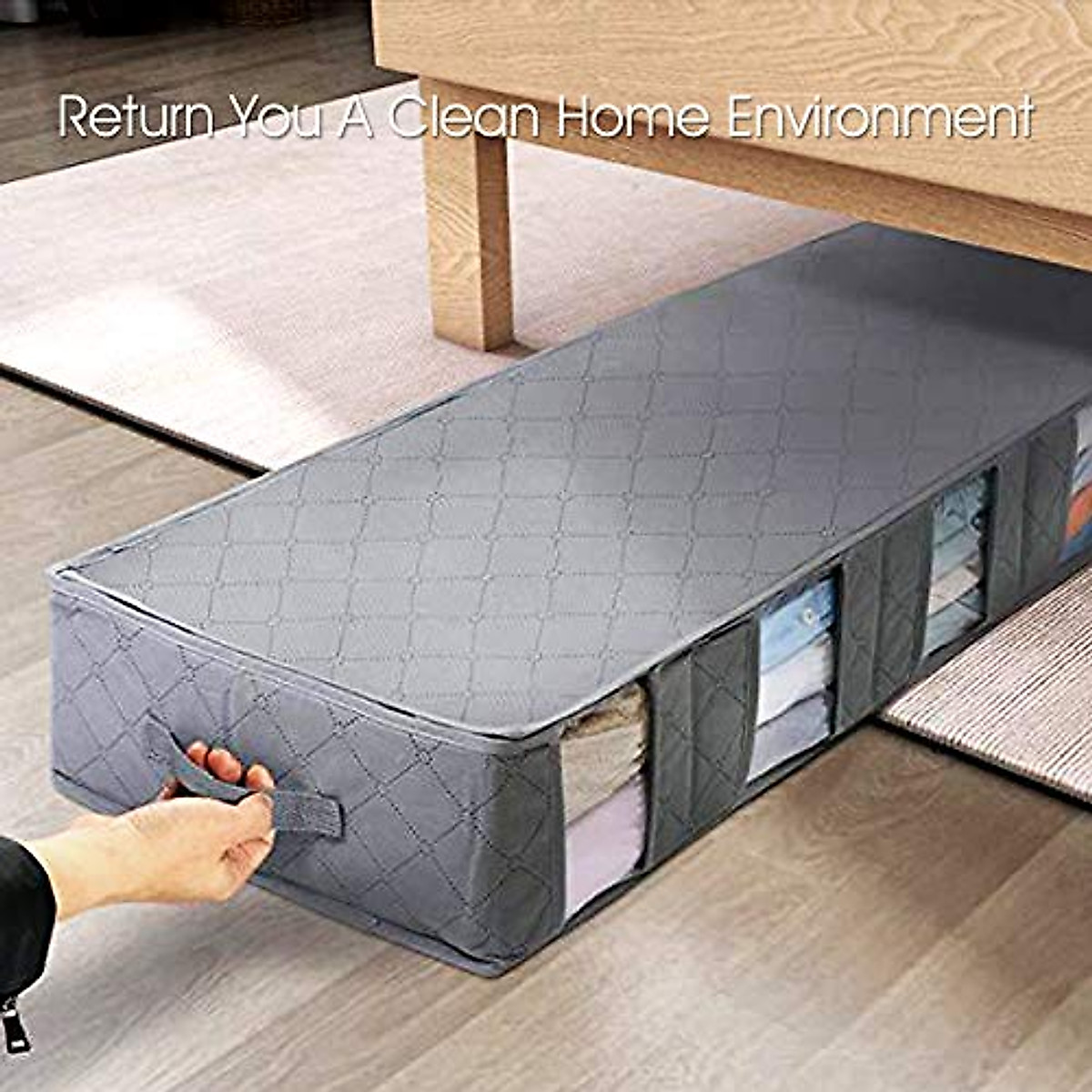 Under Bed Storage Clothes Organizer with Clear Window, 3 pack Foldable Underbed Containers with Reinforced Handle for Clothing, Blankets, Shoes, Toys(Grey)