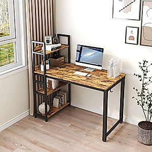 Napnapday 55 inch Computer Desk with Storage Shelves, Home Office Study Writing Table with Bookshelf, Rustic Brown