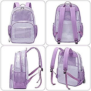 Mygreen Clear Transparent PVC School Backpack, Heavy Duty Clear Backpack with Laptop Compartment for Work, Security, Sporting Events (Purple, Large)