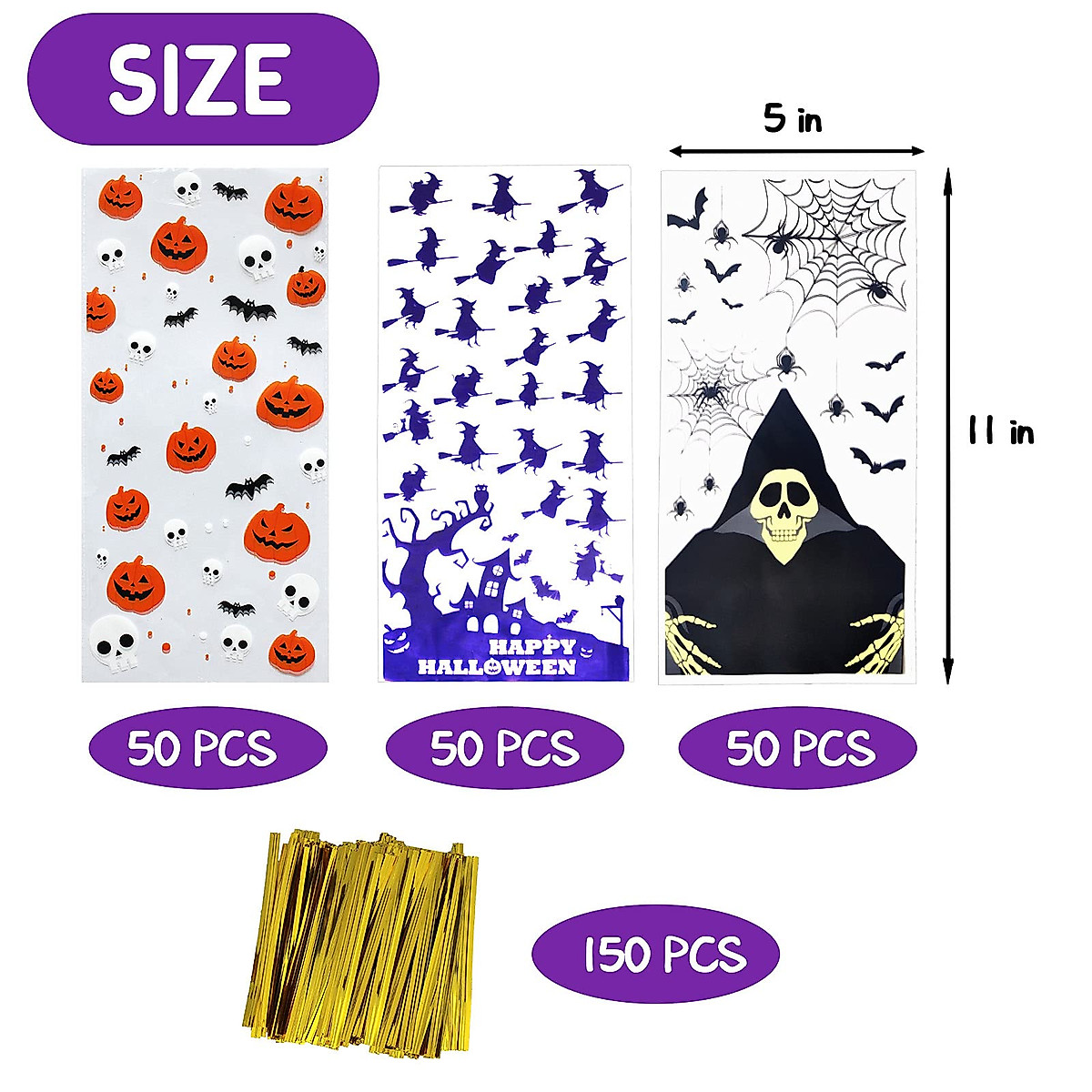 150PCS Halloween Treat Bags Halloween Cellophane Treat Bags with Twist Ties for Halloween Party Favor Supplies