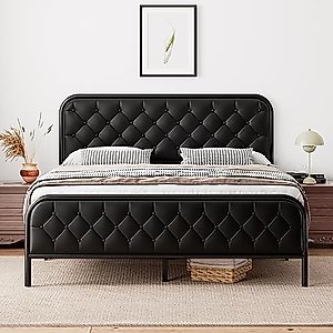 iPormis Upholstered Full Platform Bed Frame, Heavy Duty Mattress Foundation, 12" Under Bed Space, Metal Slats Support, Button Faux Leather Headboard, Easy Assembly, Noise Free, Black