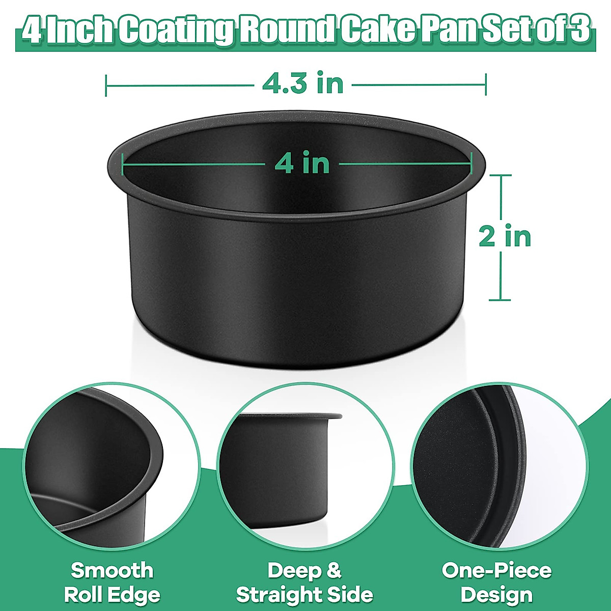 TeamFar 4inch Cake Pan Set of 3, Nonstick Mini Round Baking Cake Pan with Stainless Steel Core, for Baking Smash/Layer Cakes, Healthy & Heatproof, Release Easily & Easy Clean