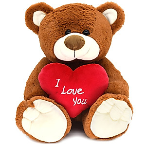 I Love You! 10'' Teddy Bear with Red Heart, Soft Plush Bear Doll Stuffed Animal Toys Valentines Day Decor Gifts for Her/Girlfriend Lover Mom Kids (Brown)