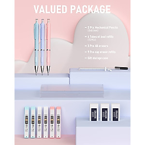 Nicpro 3 PCS Pastel Mechanical Pencil 0.5 mm for School, with 6 tubes HB Lead Refills, Erasers, Eraser Refills For Student Writing, Drawing, Sketching, Blue & Pink & Violet Colors - Come with Case