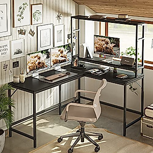 CubiCubi L Shaped Desk with Hutch, 59.1" Corner Computer Desk, Home Office Study Writing Desk Computer Workstation with Two Tier Bookshelf, Black