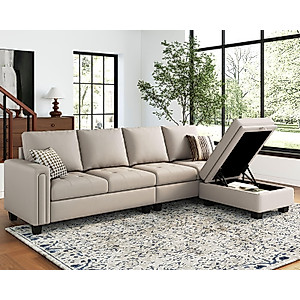 Belffin Faux Leather Convertible Sectional Sofa Couch L Shaped Couch Sofa with Reversible Chaise Leather Corner Sectional 4 Seat Sofa with Storage Ottoman Beige
