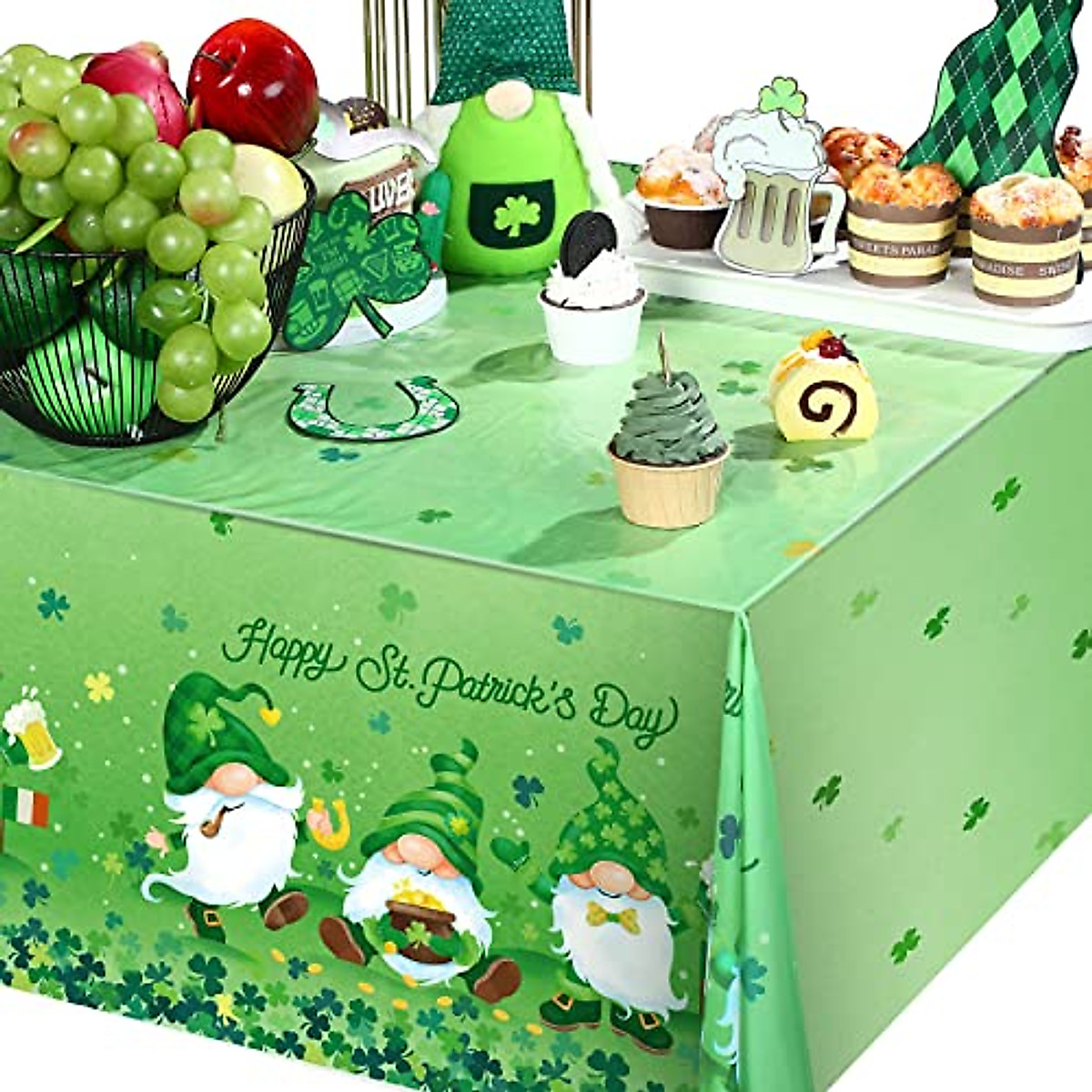 Tegeme 3 Pieces Happy St. Patrick's Day Tablecloths, Gnome Shamrock Pattern Table Covers Green Disposable Plastic Rectangular Table Cloth for Dinning Room Kitchen Party Decor, 108 x 54 Inches
