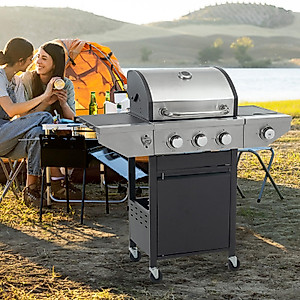 3-Burners Propane Gas Grill with Side Burner & Thermometer, 33950 BTU Output Stainless Steel Grill for Outdoor BBQ and Camping, Patio Backyard Barbecue(3 Burner+Side Burner)