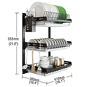 junyuan Hanging Dish Drying Rack Wall Mount,Dish Racks Drainer,3 Tier Kitchen Plate Organizer Storage Shelf with Drain Tray with 3 Hooks,Stainless Steel Black Coating (3 Tier, 21.8)