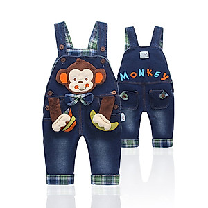 KIDSCOOL SPACE Baby Boy Girl Jean Overalls,Toddler Denim 3D Monkey Dungarees Pants,Blue,18-24 Months