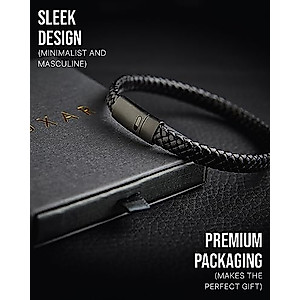 LUXAR Men’s Genuine Interwoven Black Leather Braided Bracelet | Brushed Black Stainless Steel Clasp | Large (7-7½ Inch Wrist) | Male Jewelry