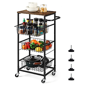 smusei Kitchen Cart on Wheels 4 Tier Metal Moveable Kitchen Cart with Storage Rolling Utility Storage Cart with Pull Out Baskets for Home, Bathroom, Pantry