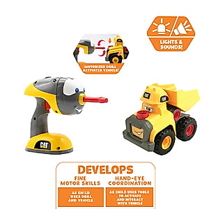CAT Construction Toys, Junior Crew Fix-It Fleet Construction Toy Dump Truck, Ages 3+, Motorized Drill, Lights & Sounds, Fine Motor Skills, Batteries Included