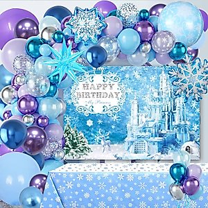 Lnkdeya Frozen Birthday Party Decorations for Girls -138Pcs Frozen Balloon Garland Arch Kit with Wonderland Backdrop Snowflake Tablecloth Foil Confetti Balloons for Winter Princess Girls