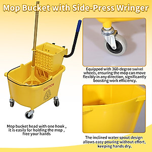 Commercial Mop Bucket with Side-Press Wringer for Floor Cleaning, Restaurants, Offices, and Janitorial Use, 35 Quarts, Yellow,Including One Commercial Mop