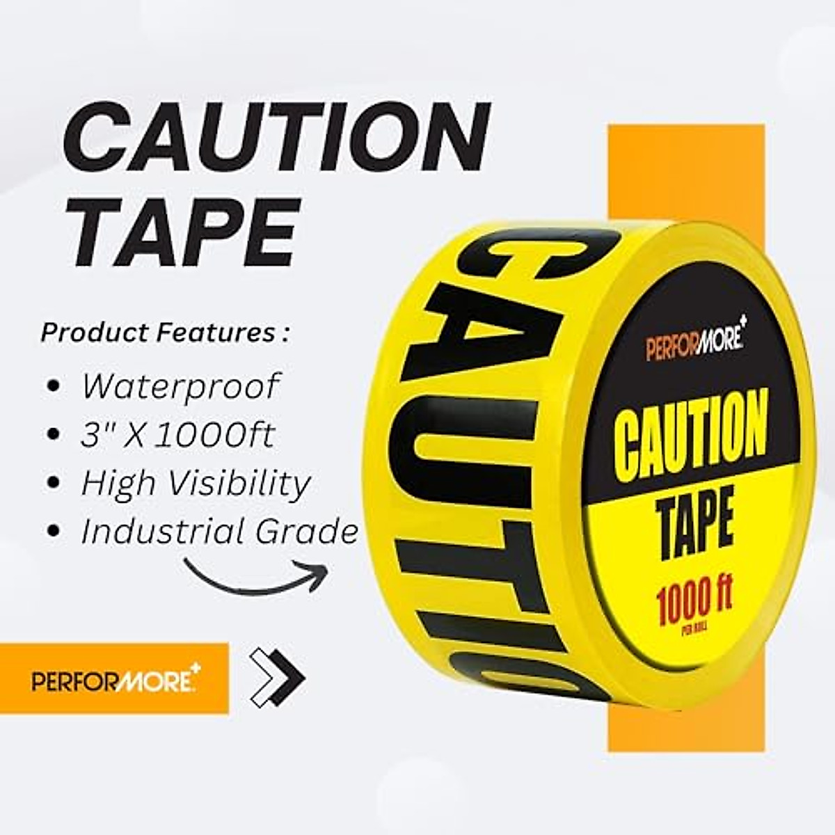 Performore Caution Tape, 3" x1000 Ft Yellow Barricade Caution Tape Roll, High Visibility, Tear Waterproof Resistant Non Adhesive Safety Tape for Danger Hazardous Construction Areas or Crime Scene