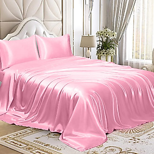 Homiest 4pcs Satin Sheets Set Luxury Silky Satin Bedding Set with Deep Pocket, 1 Fitted Sheet + 1 Flat Sheet + 2 Pillowcases (Queen Size, Pink)