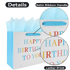 2 Pack 13” Large White Happy Birthday Gift Bags Set with Handles, Greeting Card, Tissue Papers and Stickers for Girls Boys Kids Women Men Party, Reusable Design, 2 Pcs