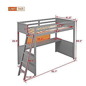 Lifeand Twin Size Loft Bed with Desk and Writing Board, Wooden Loft Bed with Desk,Gray