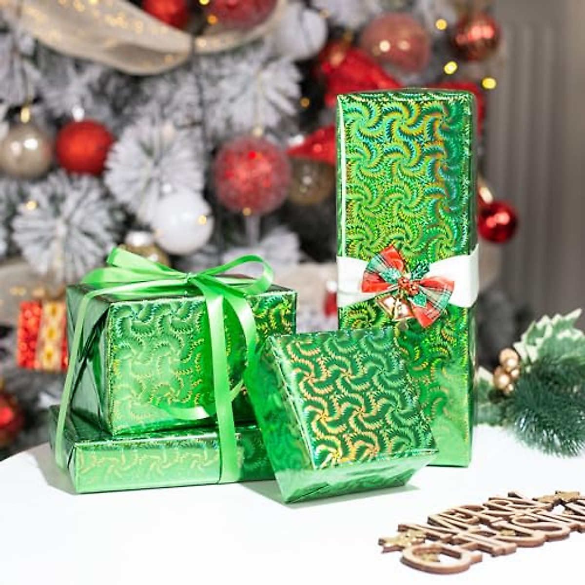 Flyhill Green Wrapping Paper-Mini Roll 17inch*32.8ft（46.8sqft-Holographic Foil Gift wrap with Sparkle Spiral Design for Christmas,Birthday,Wedding,Bride Shower,Party