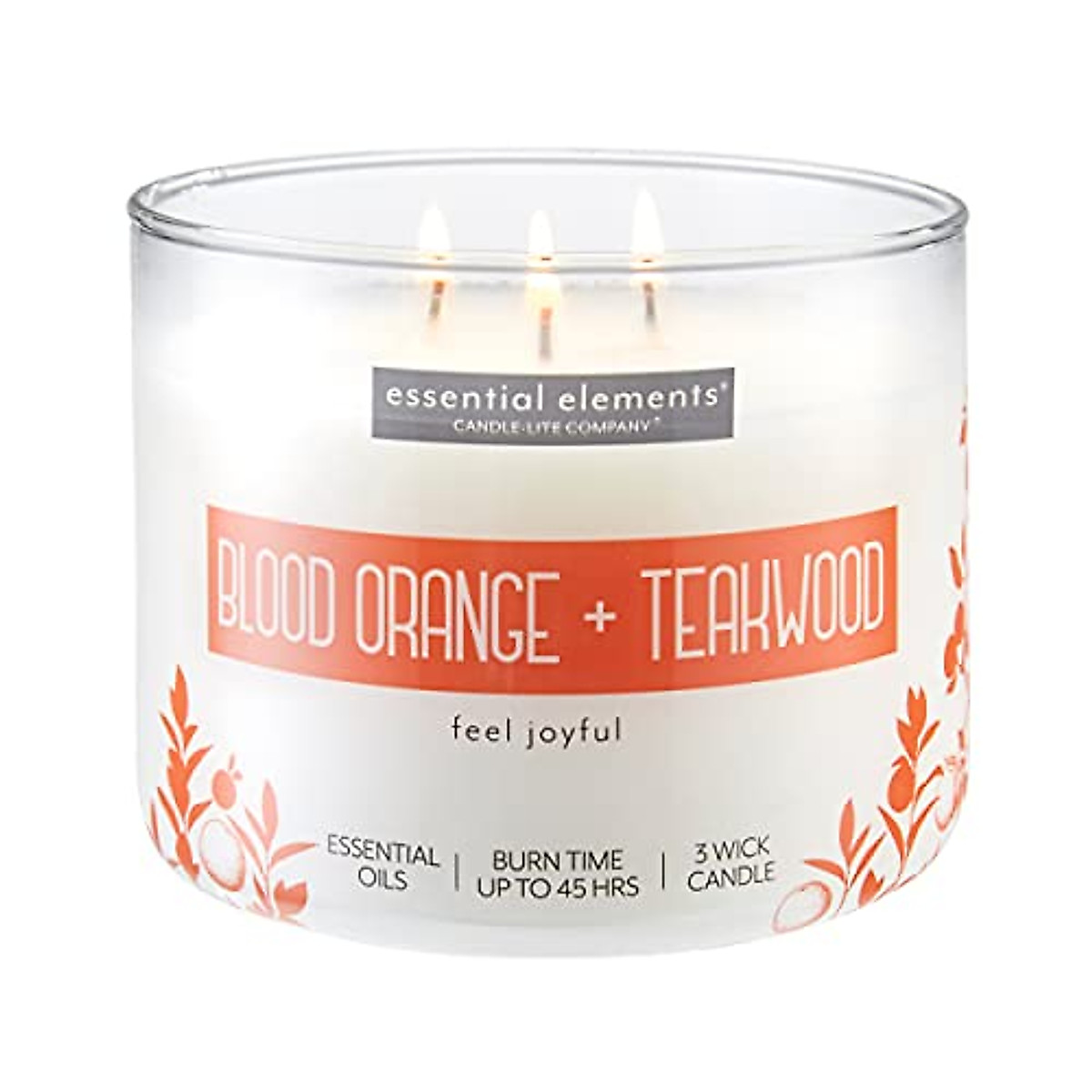 Essential Elements by Candle-lite Scented Candles, Blood Orange & Teakwood Fragrance, One 14.75 oz. Three-Wick Aromatherapy Candle with 45 Hours of Burn Time, Off-White Color