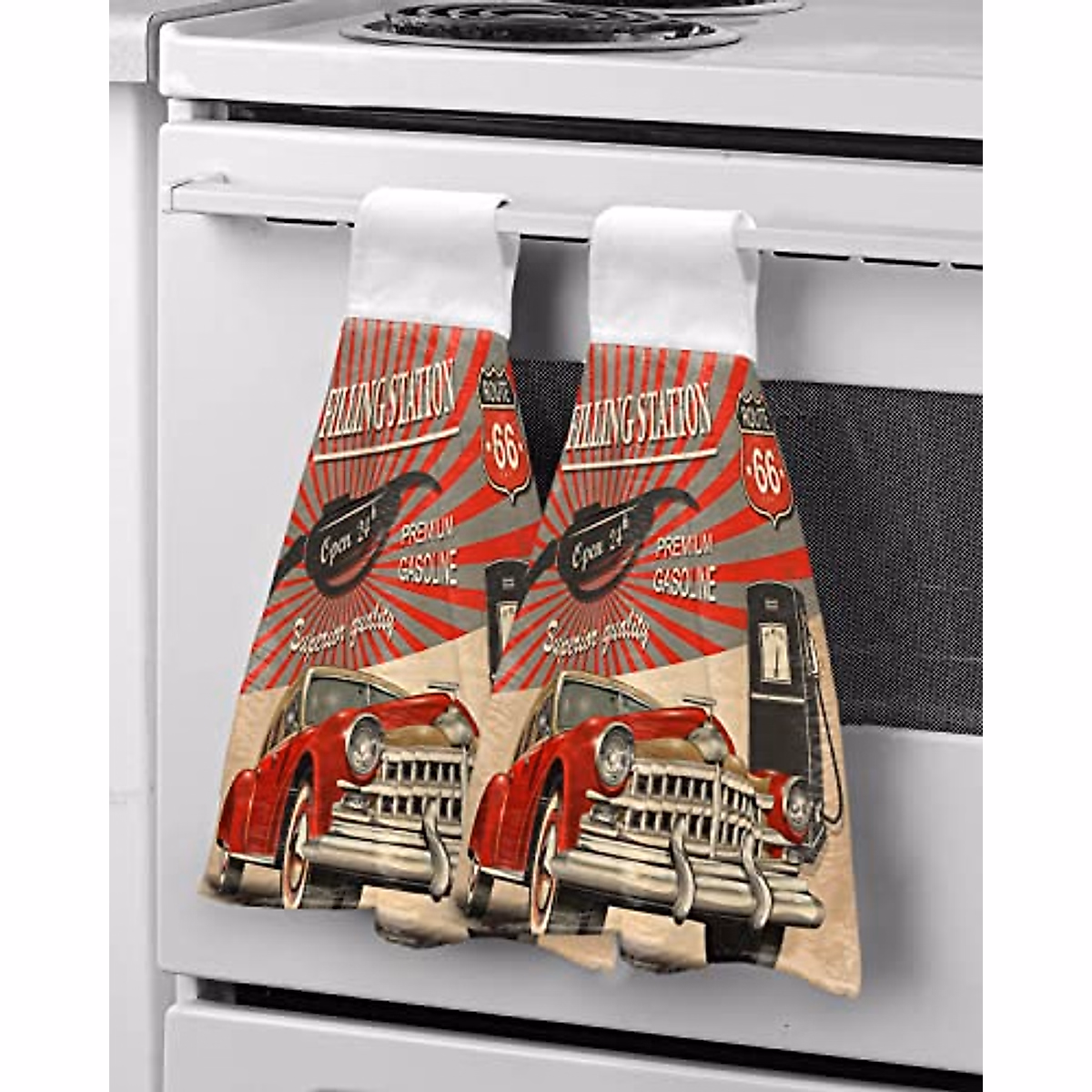 Krisyeol Hanging Kitchen Towel 1 Pcs Retro Filling Station Car Posters Soft Dish Towel Water Absorbent Hook and Loop Hand Towel for Bathroom Tea Bar Washroom Toilet Home Decor