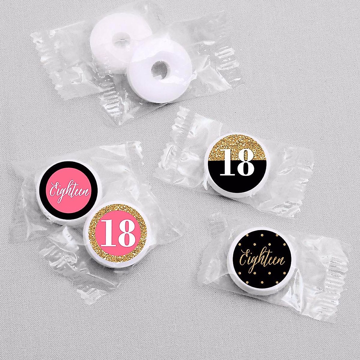Big Dot of Happiness Chic 18th Birthday - Pink, Black and Gold Round Candy Sticker Favors Labels Fit Chocolate (1 Sheet 108)