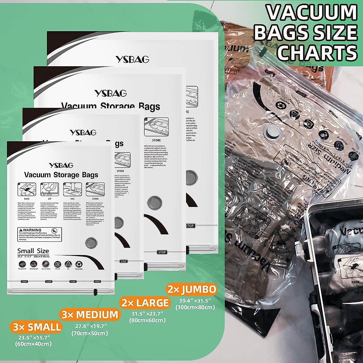 10 Pack Vacuum Storage Bags,Space Saver Bags with Hand Pump,Vacuum Sealer Bags for Store Clothing,Comforters,Blankets,and other Bedding(2Jumbo/2 Large/3 Medium/3 Small)