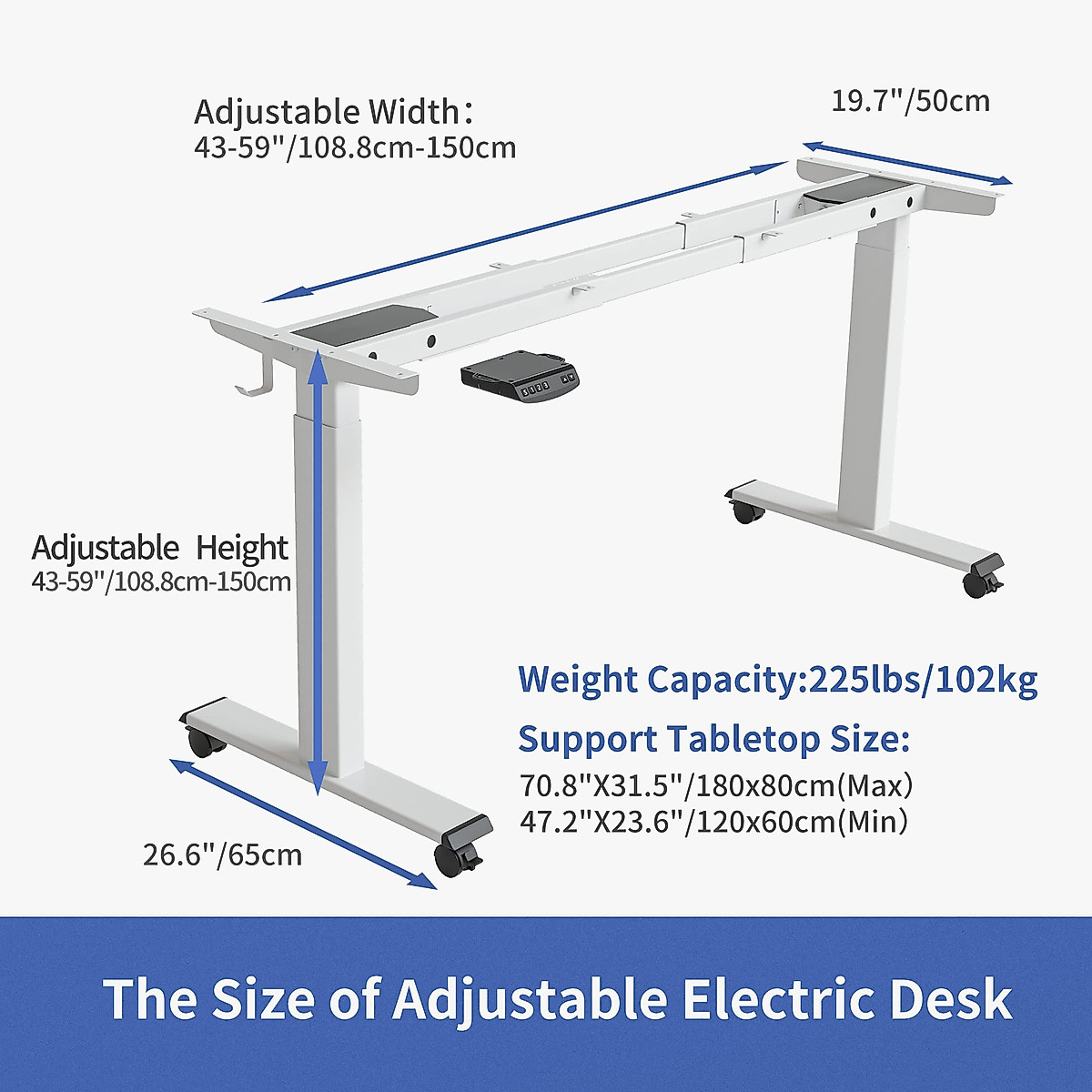 FEZIBO Dual Motor Height Adjustable Standing Desk Legs, Electric Desk Frame for 43 Inches to 59 Inches Desk Tops, Home Office Sit Stand Desk Base, White (Frame Only)