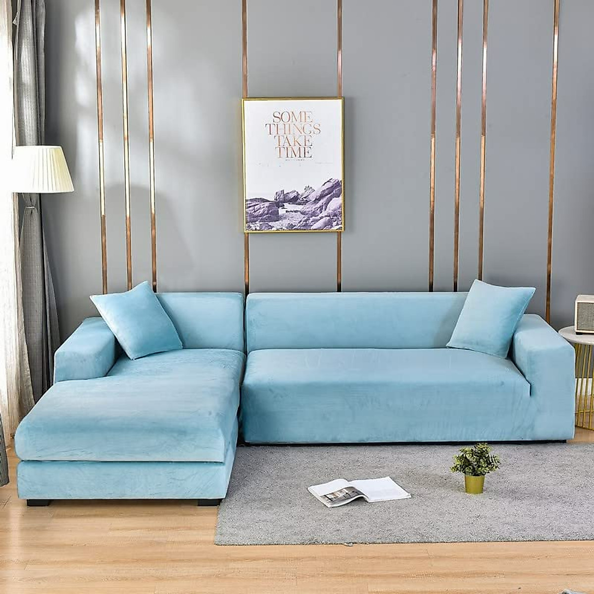 Velvet Sofa Slipover for L/U Shape Sofa Cover, Stretch 1 2 3 4 Seat Sectional Couch Cover Soft Non Slip Furniture Protector for Kids Pets Dogs (Light Blue,4seat/235-300cm/92-118in)