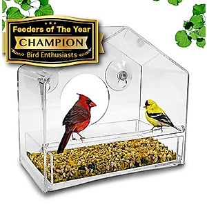 Nature Gear Window Bird Feeder - Refillable Sliding Tray - Weather Proof - Snow and Squirrel Resistant - Drains Rain Water - See Songbirds from Home! (House Style) (House Model)