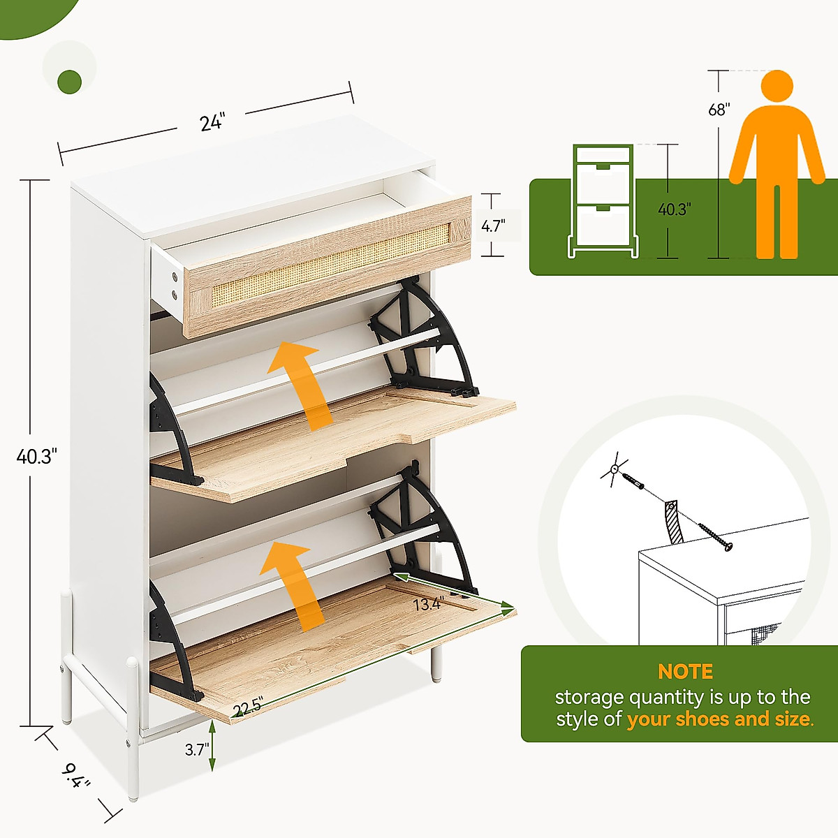 IDEAHOUSE Rattan Shoe Cabinet with 2 Flip Door & 1 Drawer - Wooden Free Standing Shoe Rack for Entryway, Hallway, Living Room (White)