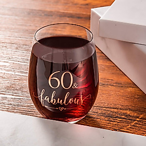 Crisky Rose Gold 60 & Fabulous Wine Glass for Women 60th Birthday Gifts Funny Ideas for Women, Wife, Mom, Sister, Aunt, Friends, Coworker, Her Rose Gold Foil 60 & Fabulous 14oz, with Box