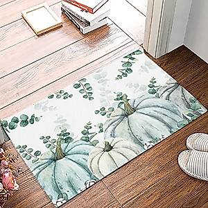 Indoor Doormat Entryway Rugs, Fall Thanksgiving Blue Pumpkin Green Eucalyptus Leaves Floor Mats Front Door Decor Absorbent Non Slip Area Rugs 16x24 Inch,Washable Rug Mats for Kitchen Bath Patio