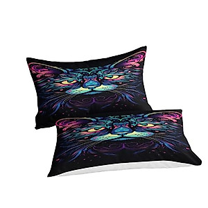 MEFESE Colorful Line Cat Theme 3D Bedding Duvet Cover Set Neon Cool Style 3 Piece (1 Duvet Cover+2 Pillowcase) for Teen Boys Girls Sports Microfiber Bedding Quilt Twin（173x218cm）